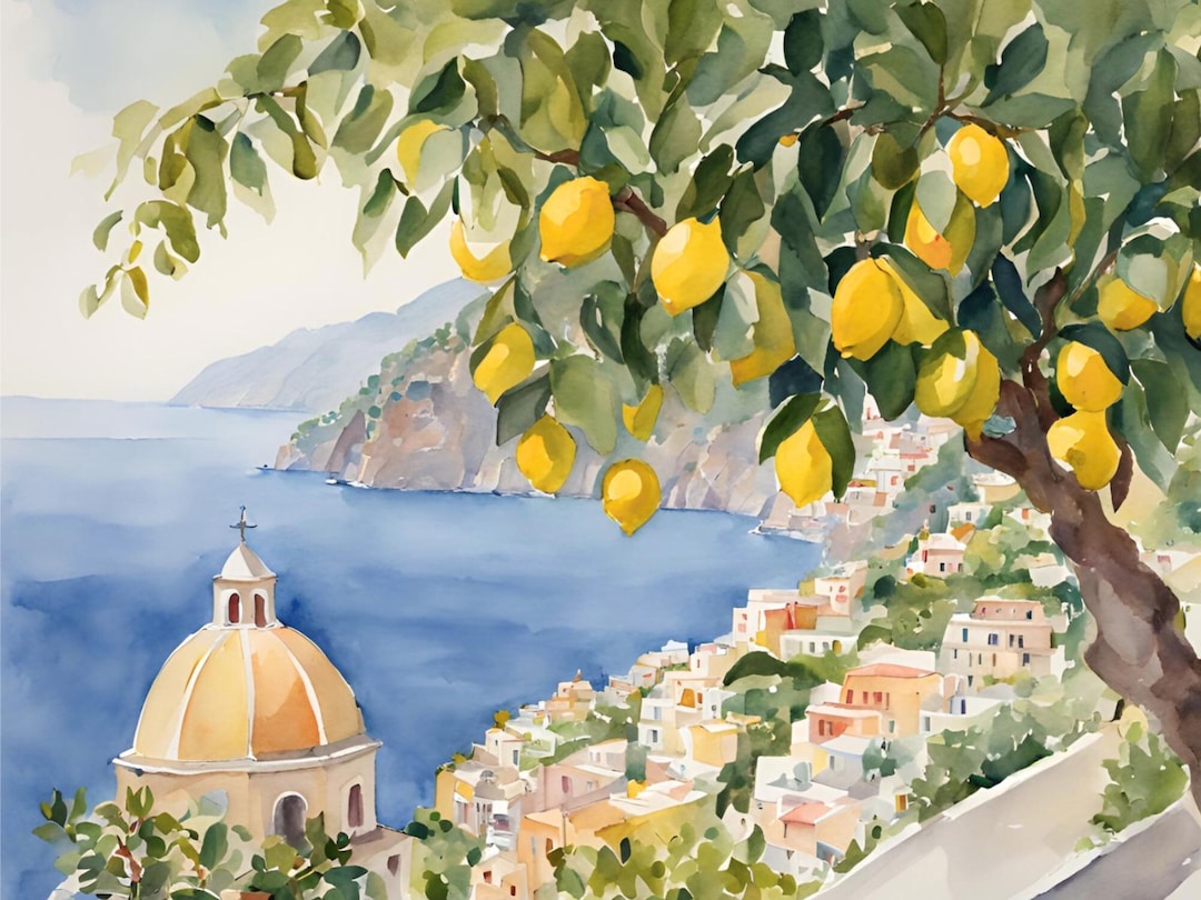Positano Watercolor Painting Lemon Tree Art Print Italian Cityscape ...