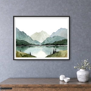 Mountain Lake Watercolor Blue Green Wall Art Panoramic Landscape ...