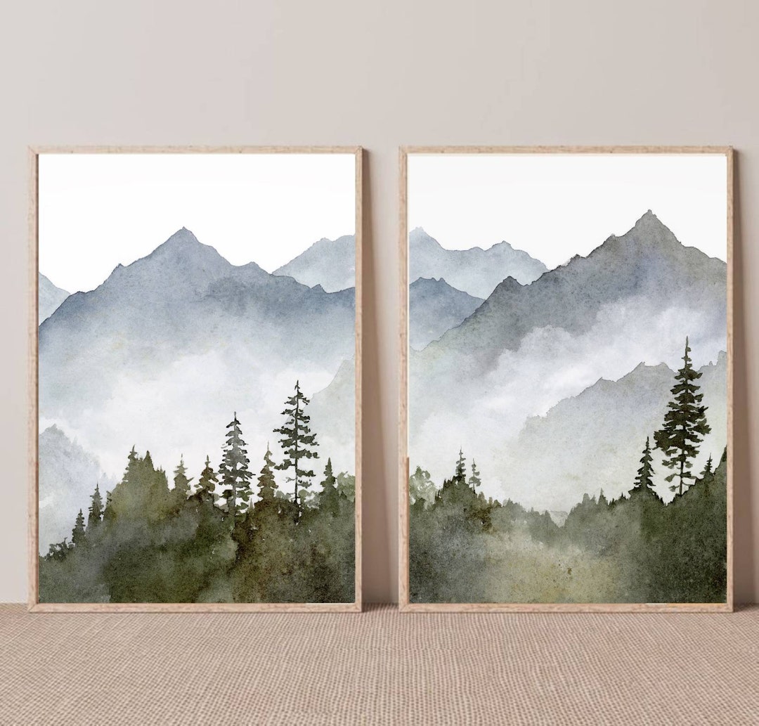Pine Tree Wall Art Mountain Forest Art Prints Set of 2 Panoramic ...
