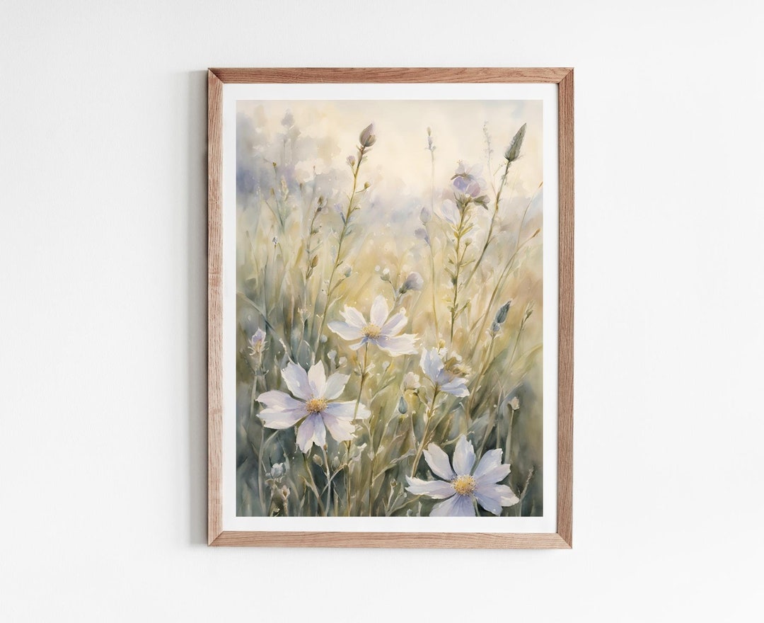 Sunrise Daisy Field Art Print Wildflowers Painting Neutral Landscape ...