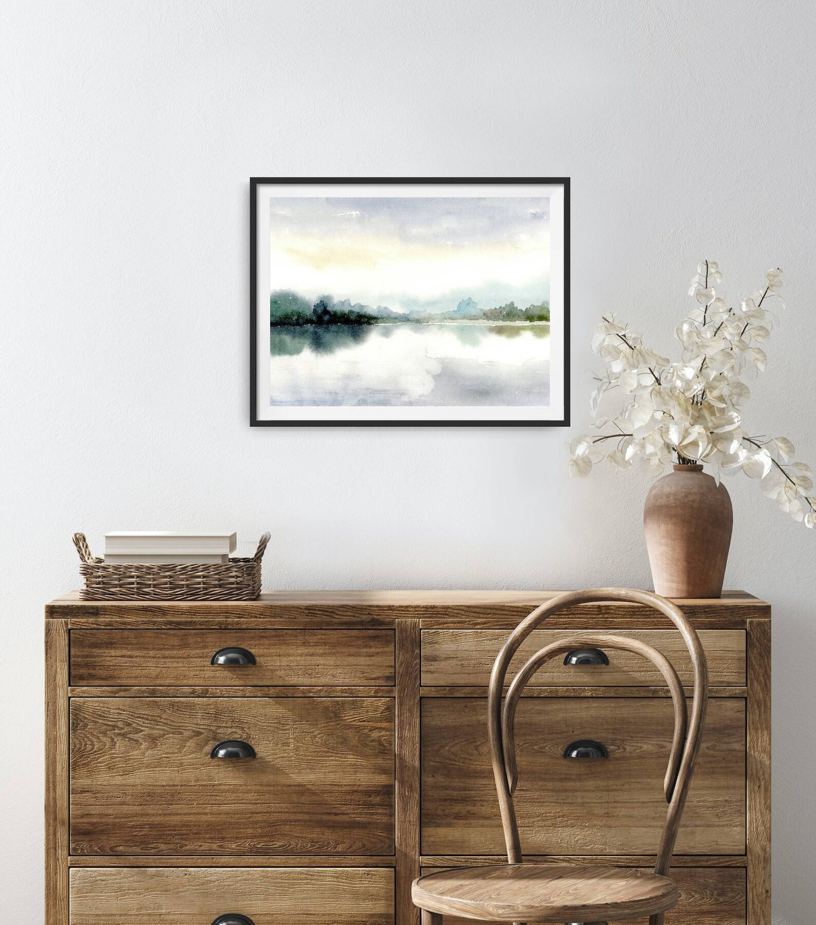 Watercolor Light Blue Landscape Art Print Misty Lake Art Work Neutral ...