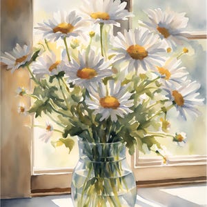 Daisy Flowers Bouquet Painting Farmouse Kitchen Watercolor Art Print ...