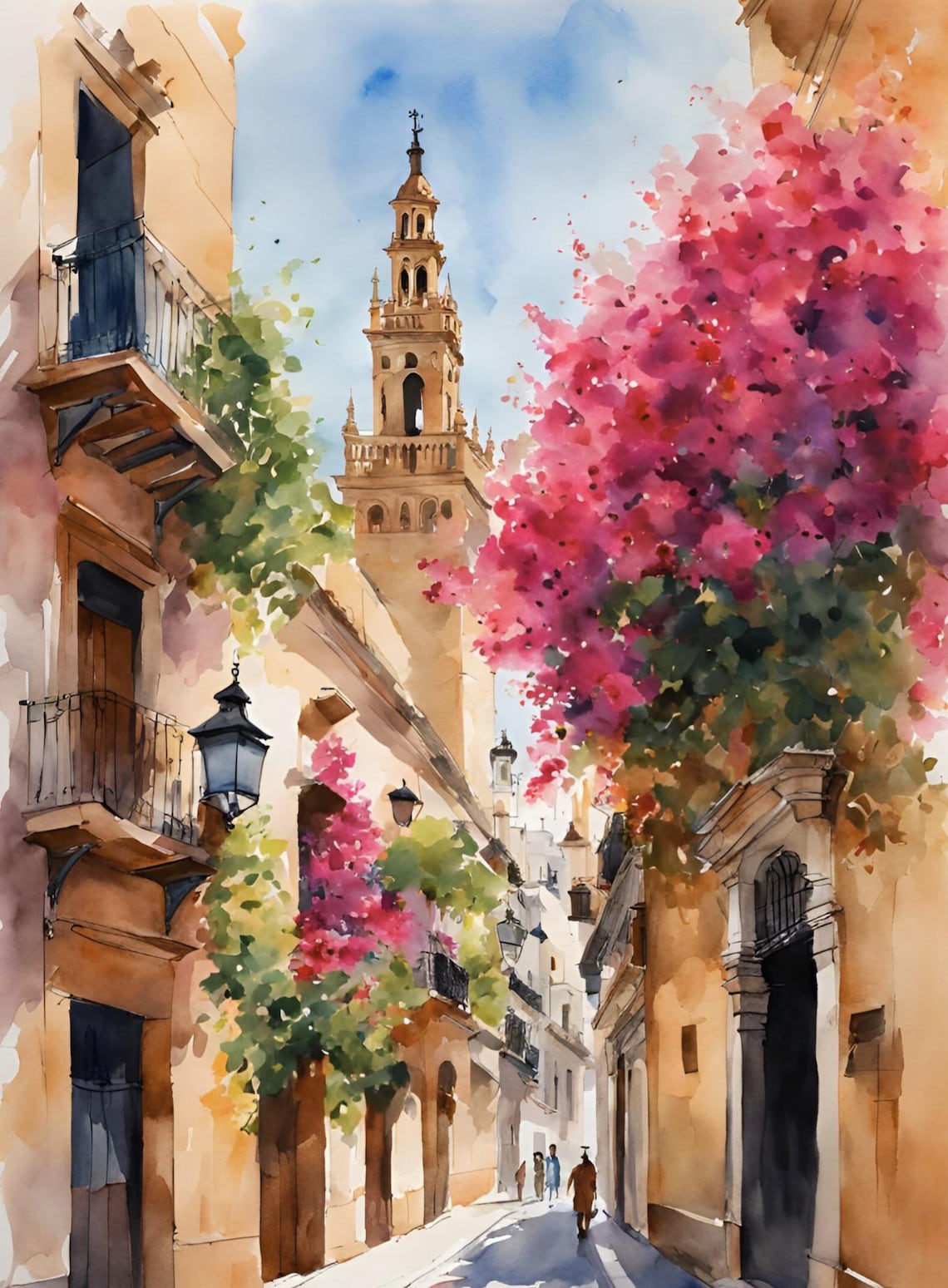 Seville Watercolor Painting Spain Cityscape Art Print Bougainvillea ...