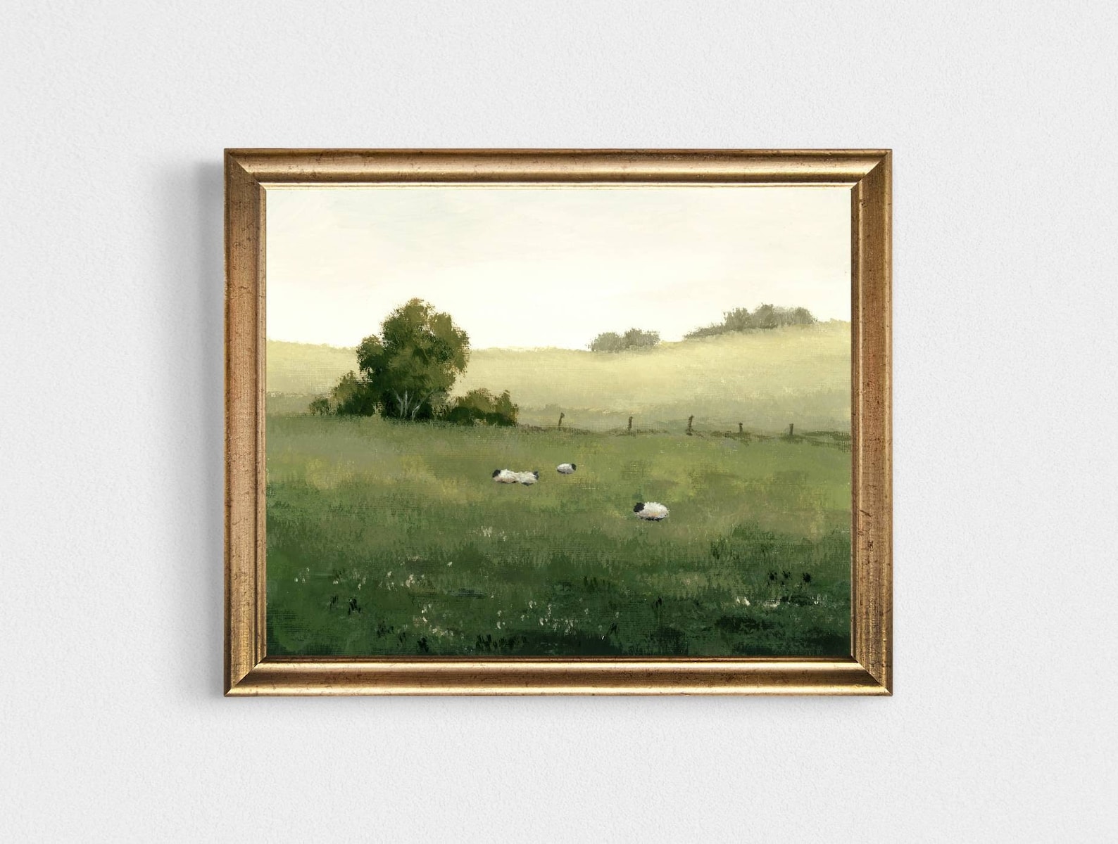 Oil Painting Landscape Sheep in the Field Art Print Countryside ...