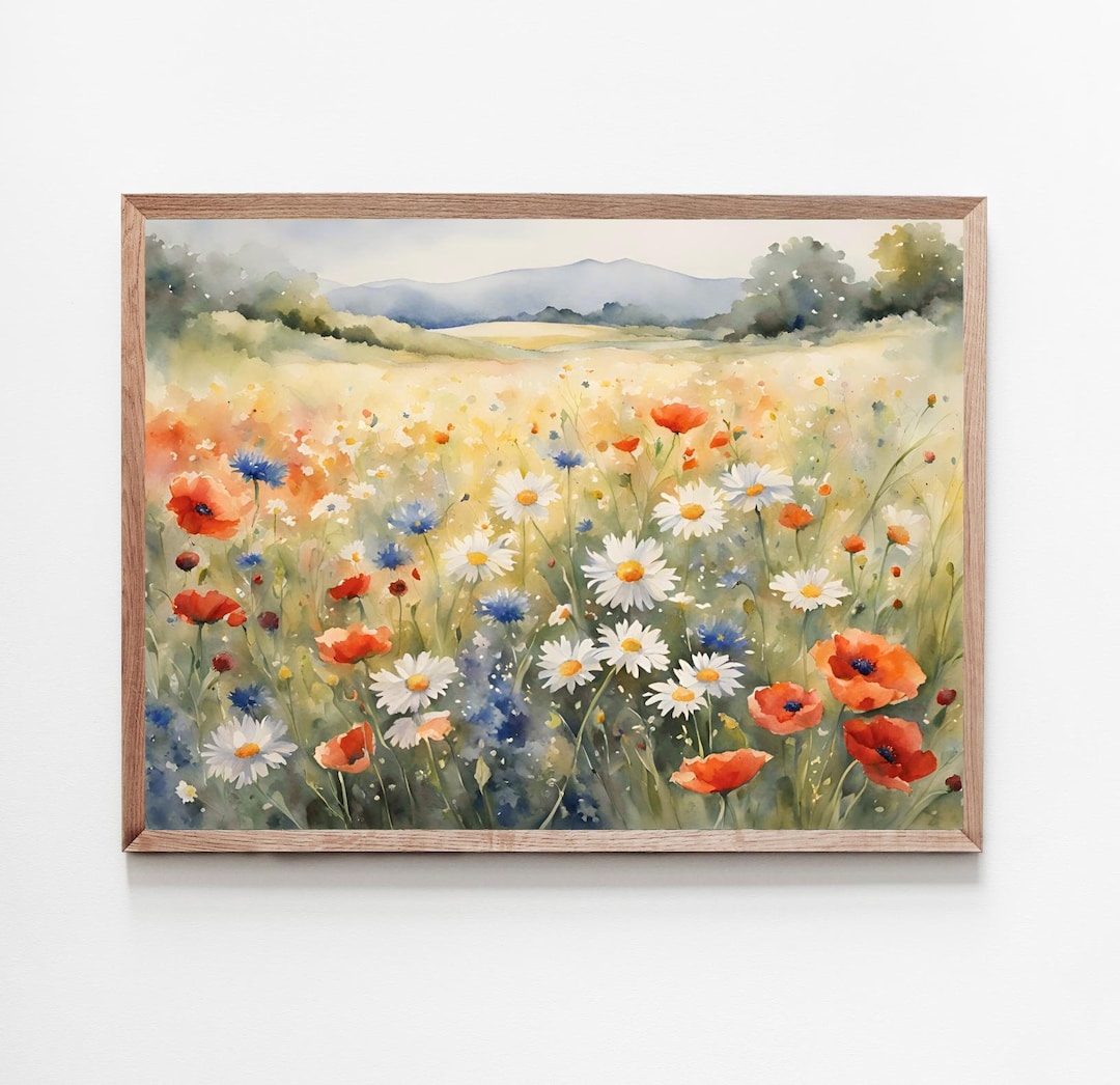 Wildflowers Painting Poppy Daisy Meadow Wall Art Flower Landscape ...