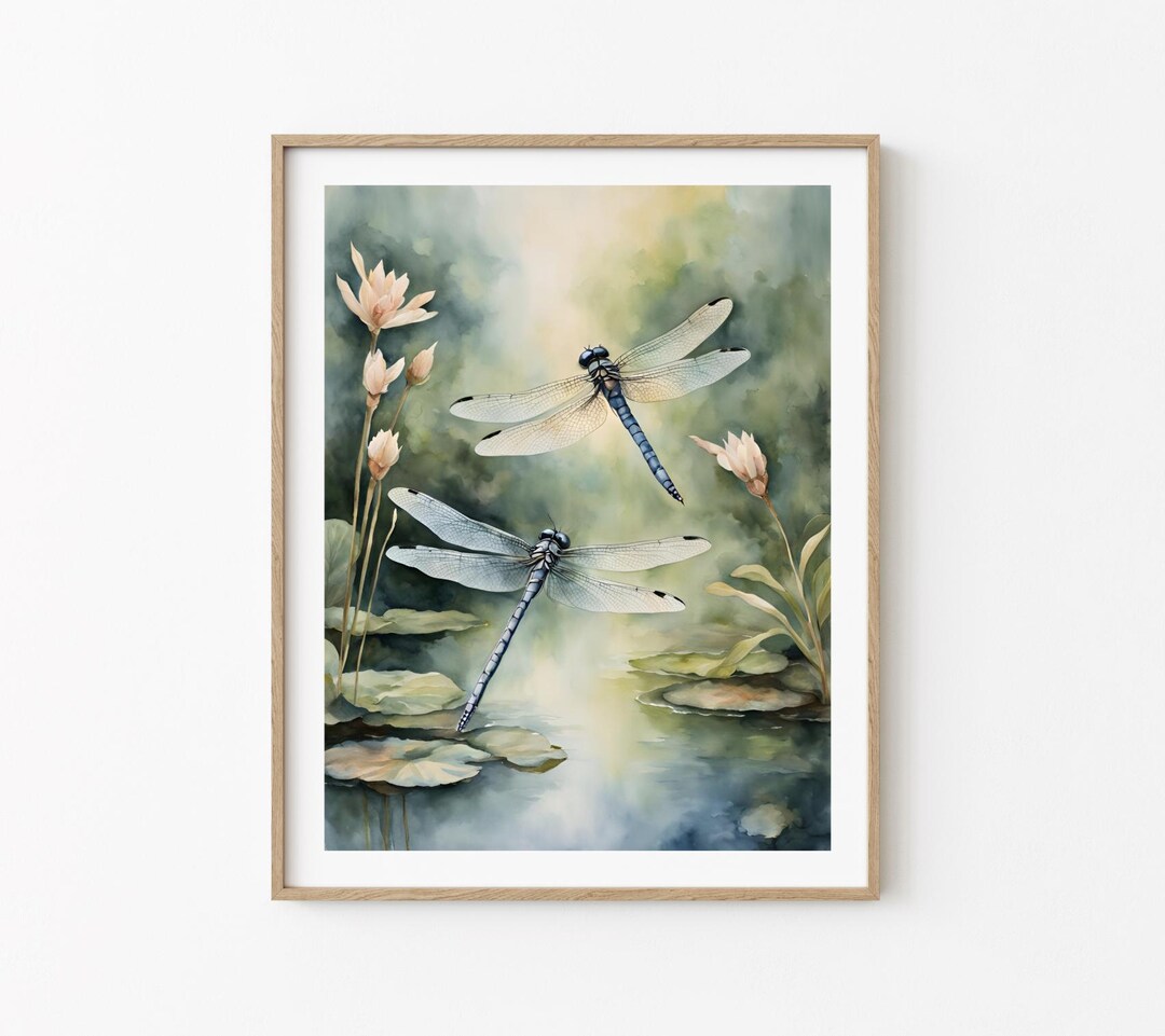 Dragonfly Painting Water Lily Pond Art Prints Watercolor Landscape ...