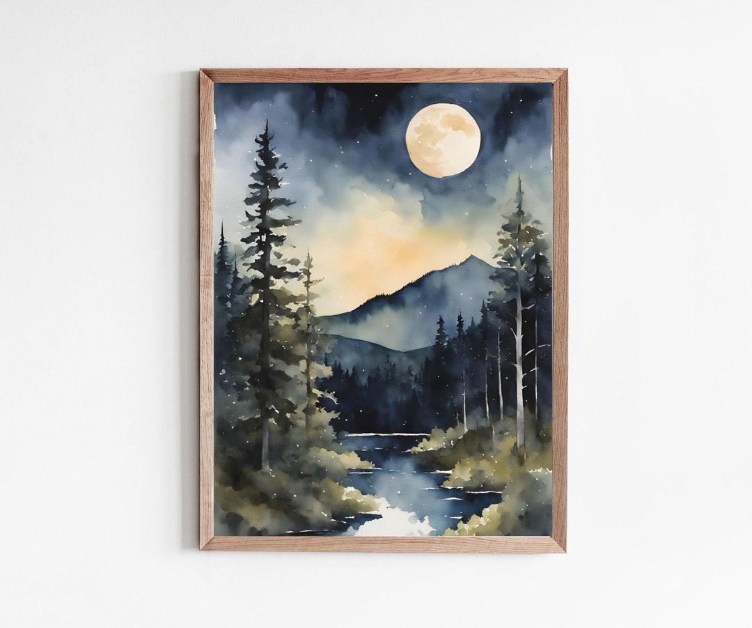 Full Moon Prints Night Sky Forest Painting Mountain Landscape Moon ...
