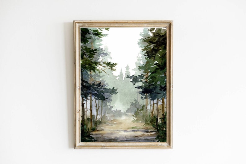 Forest Road Watercolor Painting Pine Tree Art Prints Forest Walk Wall ...