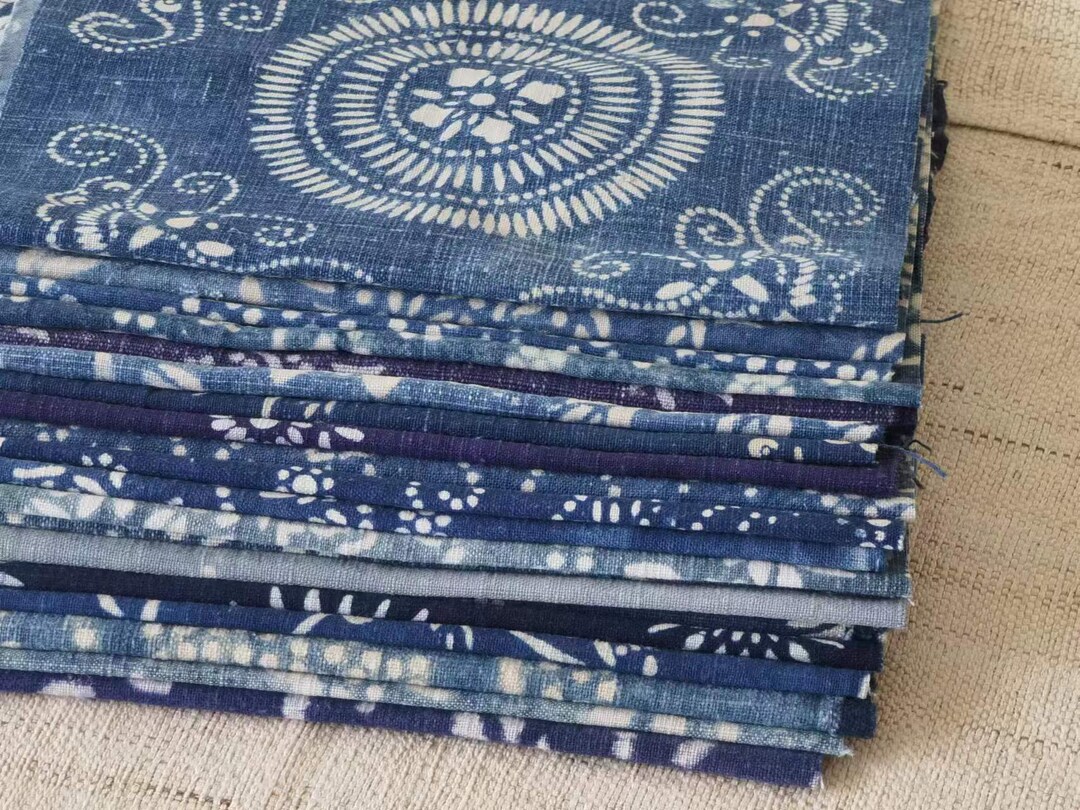 10pcs Vintage Chinese Batik Fabric Scraps - Indigo Blue Hand Block ...