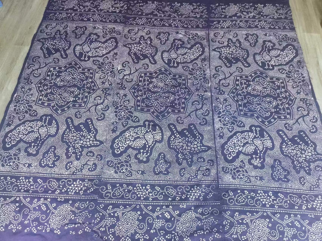 Vintage Chinese Indigo Batik Cotton Woven Fabric - Peacock and Deer ...