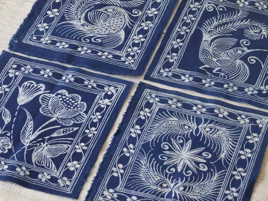 Indigo Blue Batik Fabric Scraps - Hand Draw Hmong Motifs - 21cmx23cm in ...