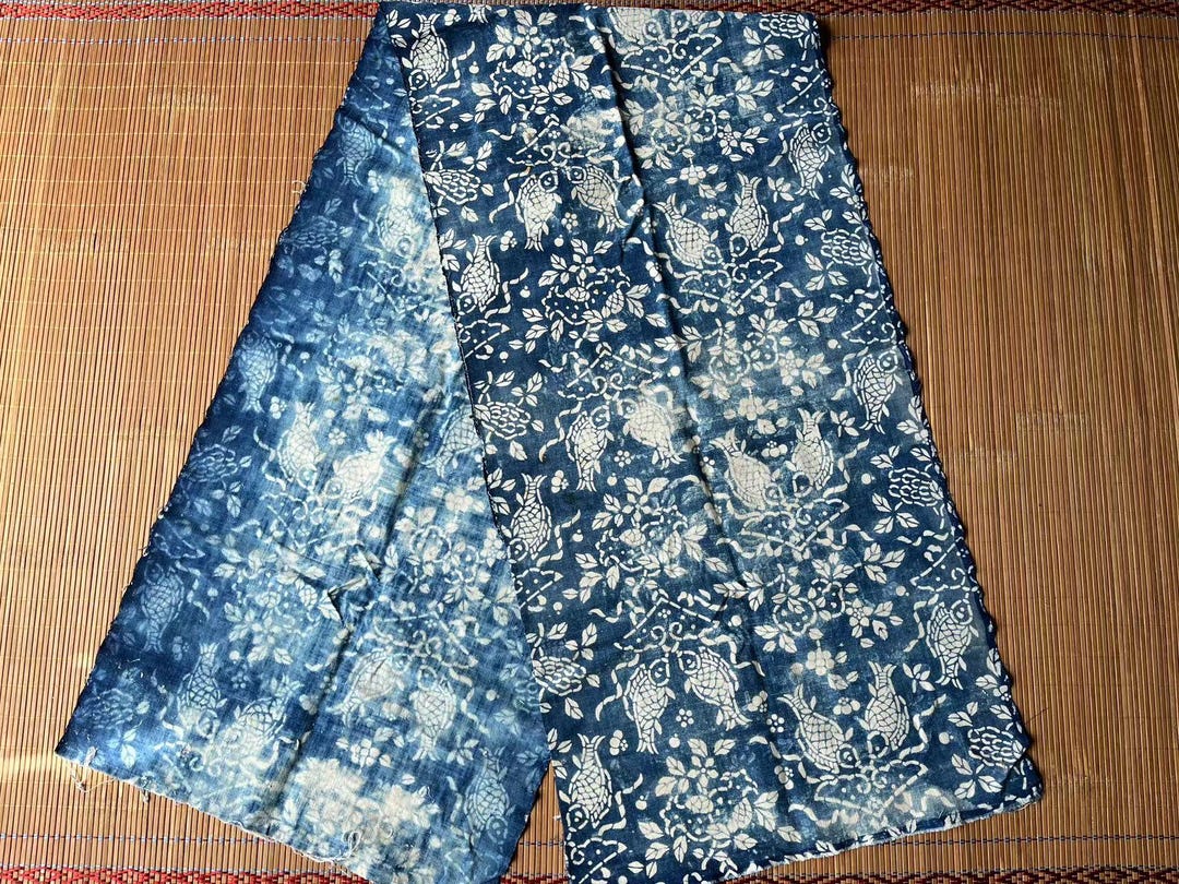 Vintage Chinese Indigo Batik Cotton Handwoven Fabric Double Fish Paste ...