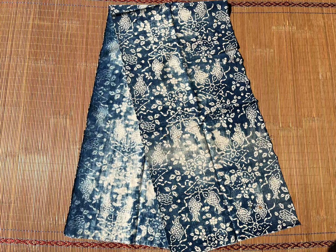 Vintage Chinese Indigo Batik Cotton Handwoven Fabric - Double Fish ...