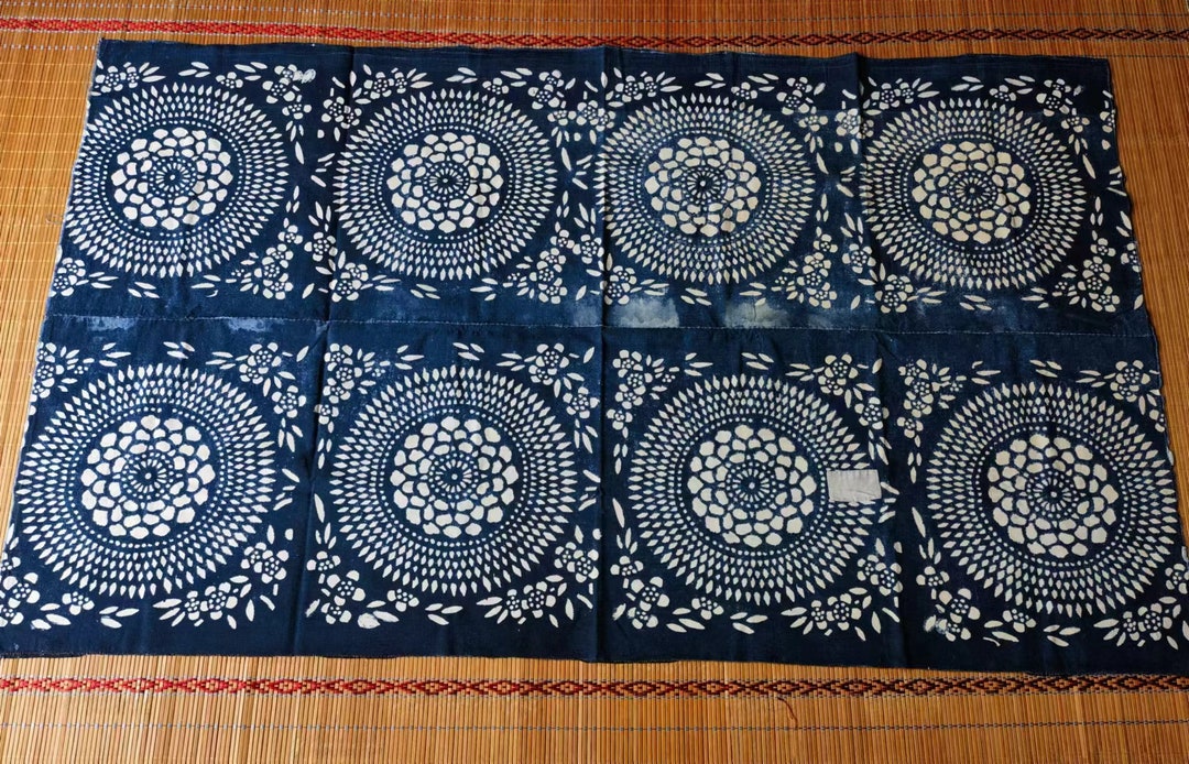Vintage Chinese Indigo Batik Cotton Woven Fabric Paste Resist Katazome ...