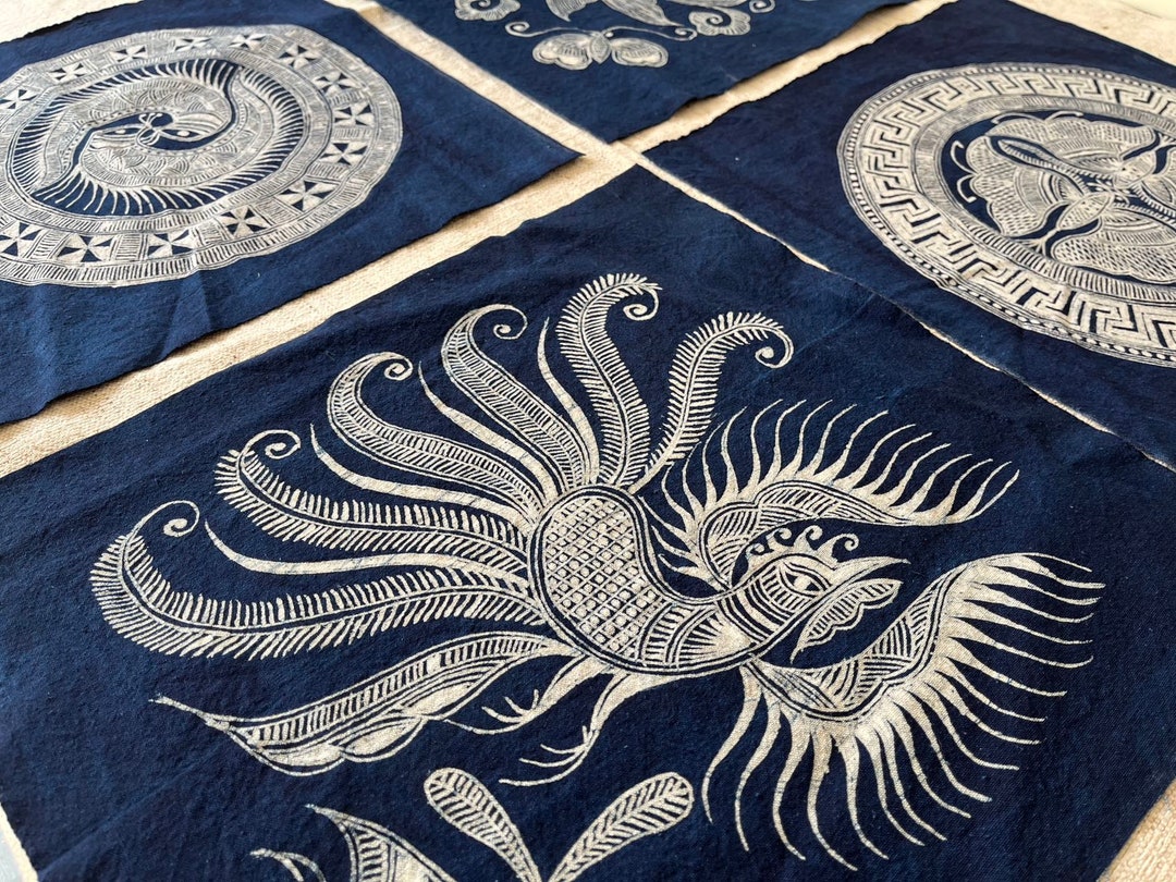 Indigo Blue Batik Fabric Scraps - Hand Draw Hmong Motifs - Natural Wax ...
