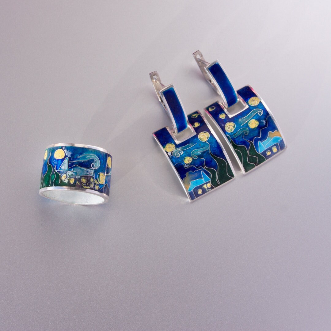 Enamel Ring Van Gogh Cloisonné Enamel Starlight Night Sterling - Etsy