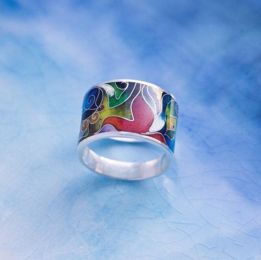 Enamel Ring Colorful Enamel Sterling Silver Ring Cloisonne Enamel Ring ...