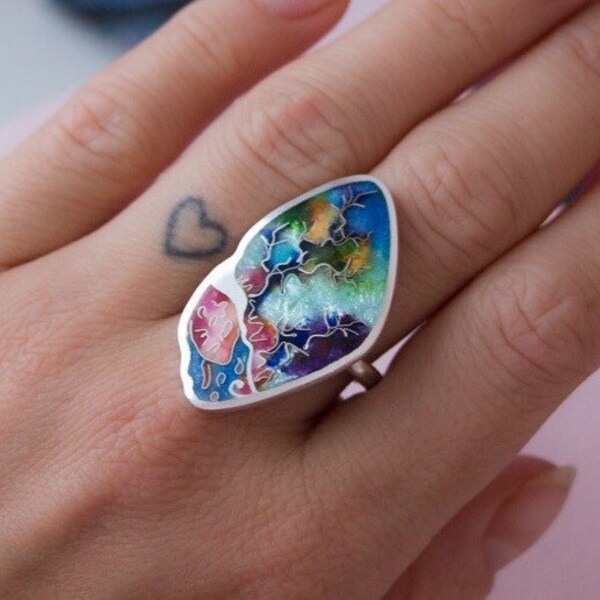 Silver Enamel Ring - Etsy