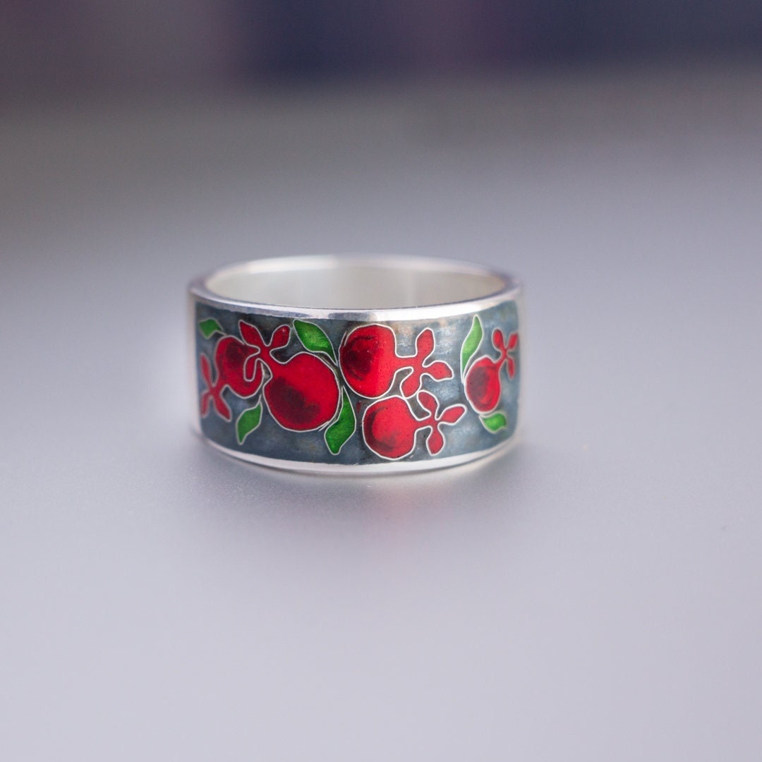 Enamel Rings Pomegranate Cloisonne Enamel Sterling Silver Ring Handmade ...