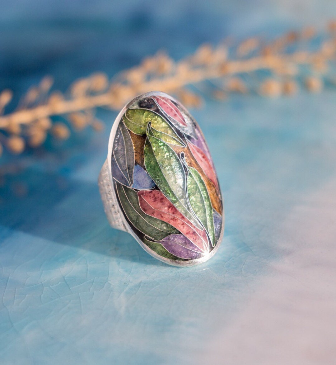 Enamel Ring Sterling Silver Cloisonne Enamel Floral Enamel Ring Gentle ...