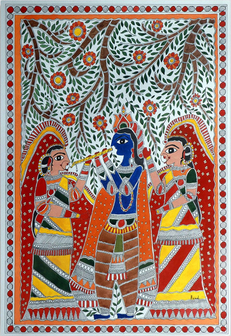 Krishna With Gopini A Madhubani Style Painting Hand Painted - Etsy