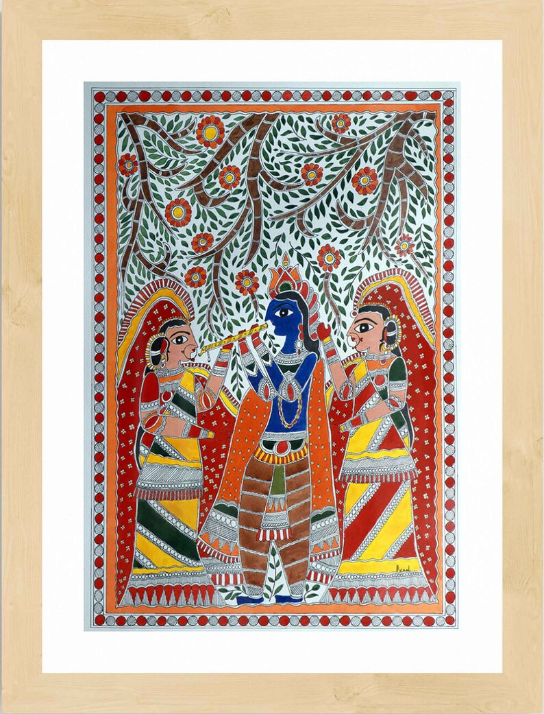 Krishna With Gopini A Madhubani Style Painting Hand Painted - Etsy