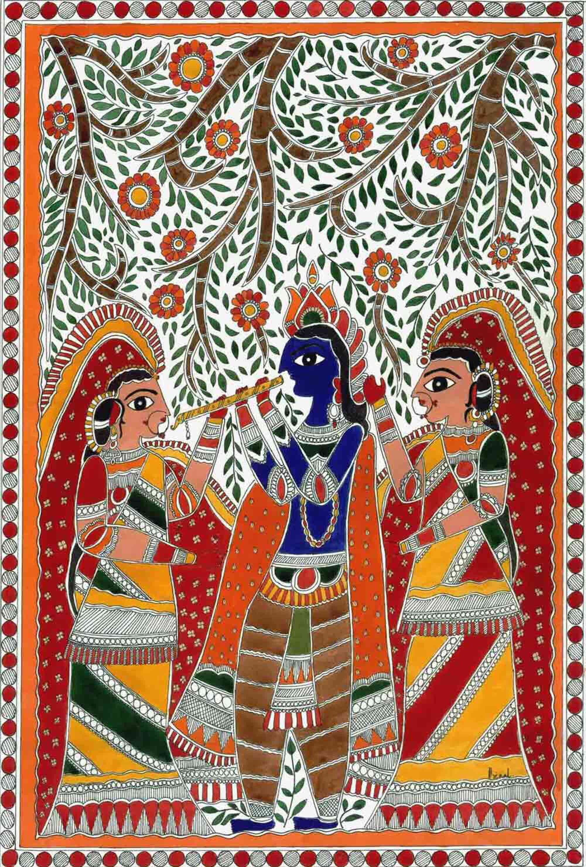 Krishna With Gopini - A Madhubani Style Painting- Hand Painted and ...