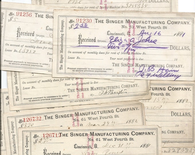 Antique Receipts, Singer Sewing Machine Rental, Handwritten in 1881 and ...