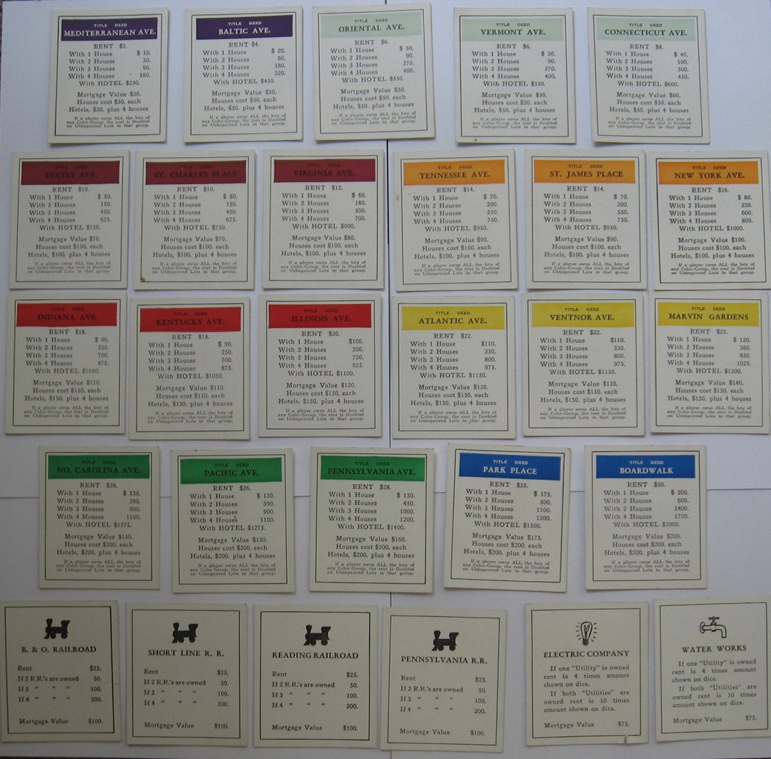 Vintage Monopoly Game Title Deeds All 28 Includes Marvin - Etsy