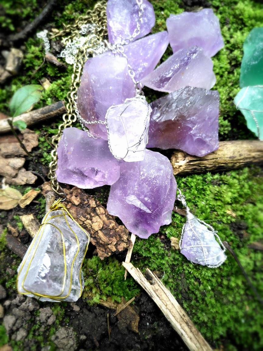 Raw lavender amethyst crystal necklace. raw stone amethyst. | Etsy