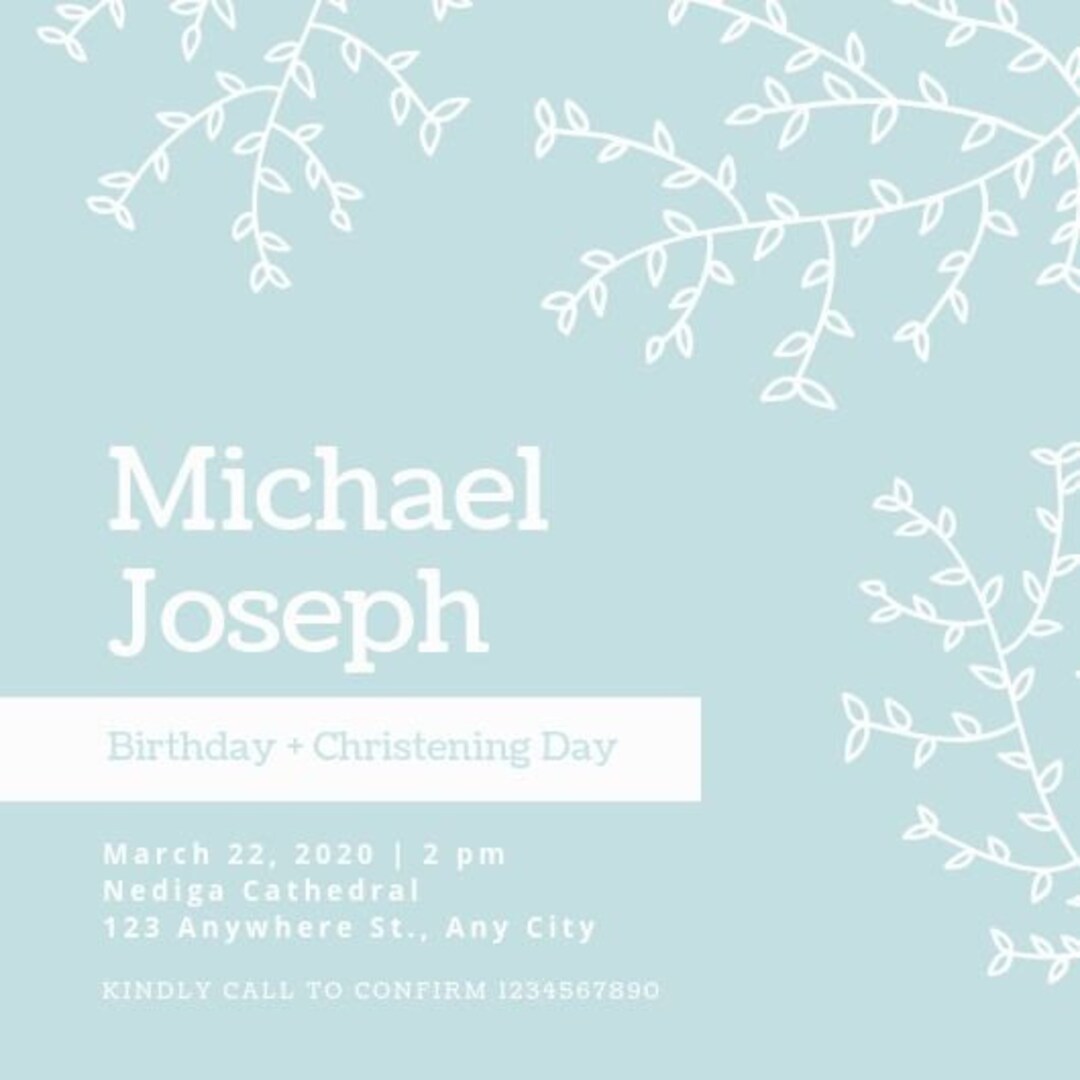 Light Blue Leaves Christening Invitation Instant Download - Etsy