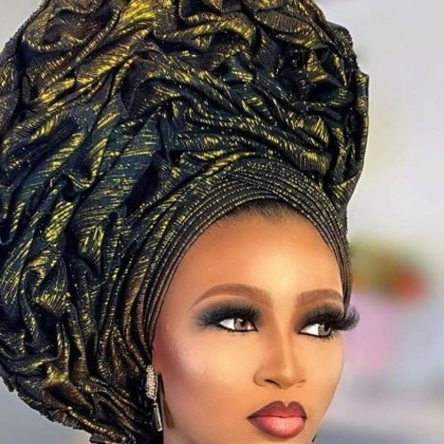 Black Asooke Auto Gele Pre-tied Scarf Coral Beads Nigerian - Etsy