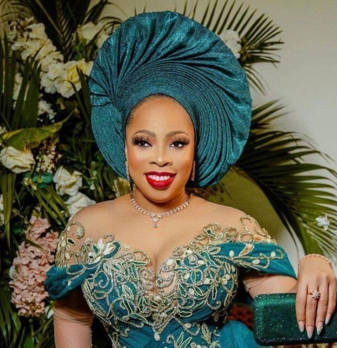 Auto Gele, African Pre Tied Scarf, Green Auto Gele, Gold Auto Gele ...