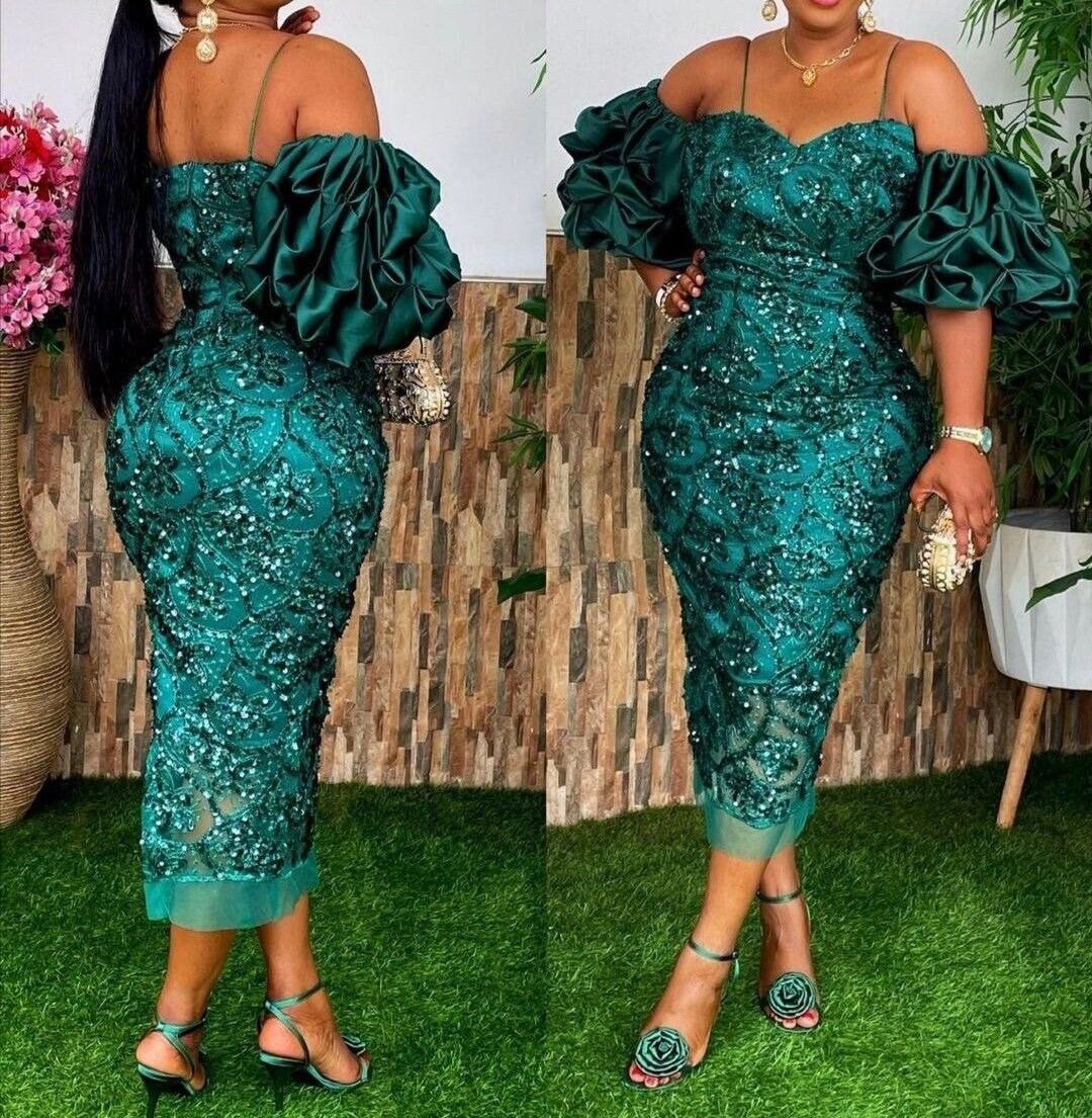 Elegant Chic Green Midi Off-shoulder Dress With Trendy Rumpled Sleeves ...