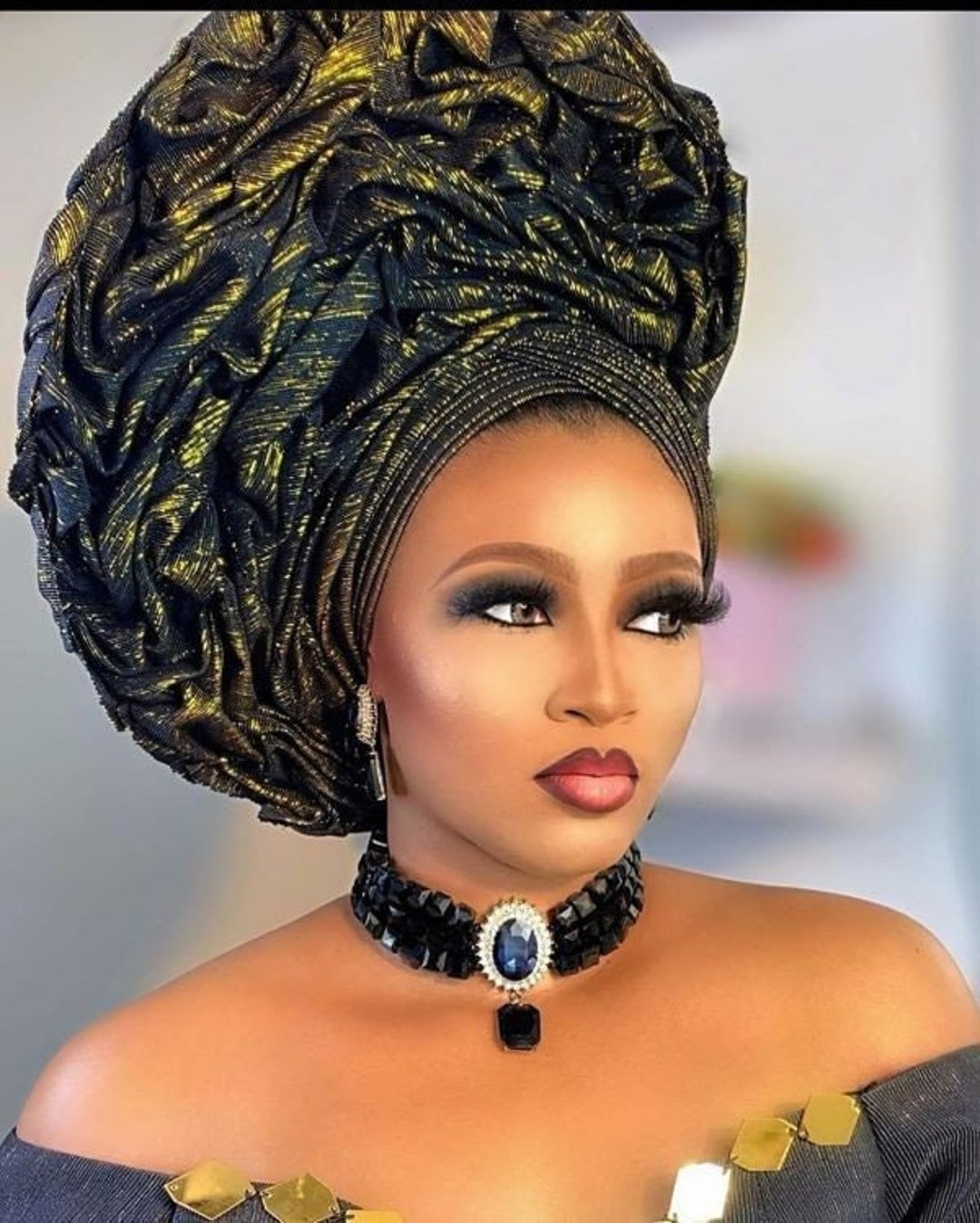 Black Asooke Auto Gele, Pre-tied Scarf, Coral Beads, Nigerian ...