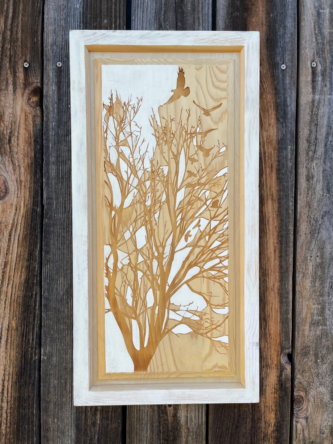 White Wood Birds Flying in Tree, Wall Hanging, Bird Lover, Nature, Tree ...