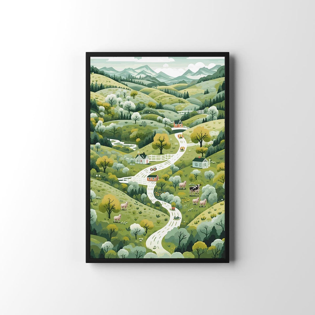 Farmhouse Home Decor Enthusiasts, Rolling Green Hills Illustration ...
