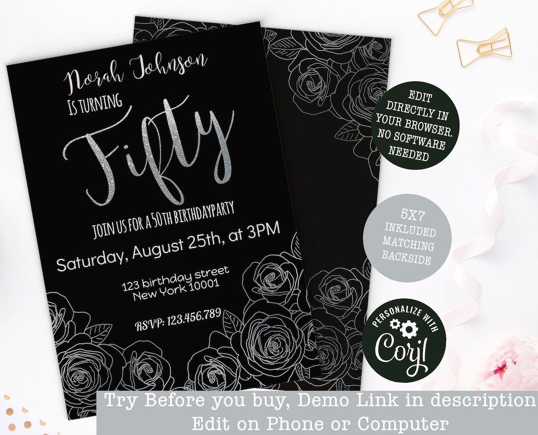 50th Silver Birthday invitation, Women Birthday Invitation, Adult ...