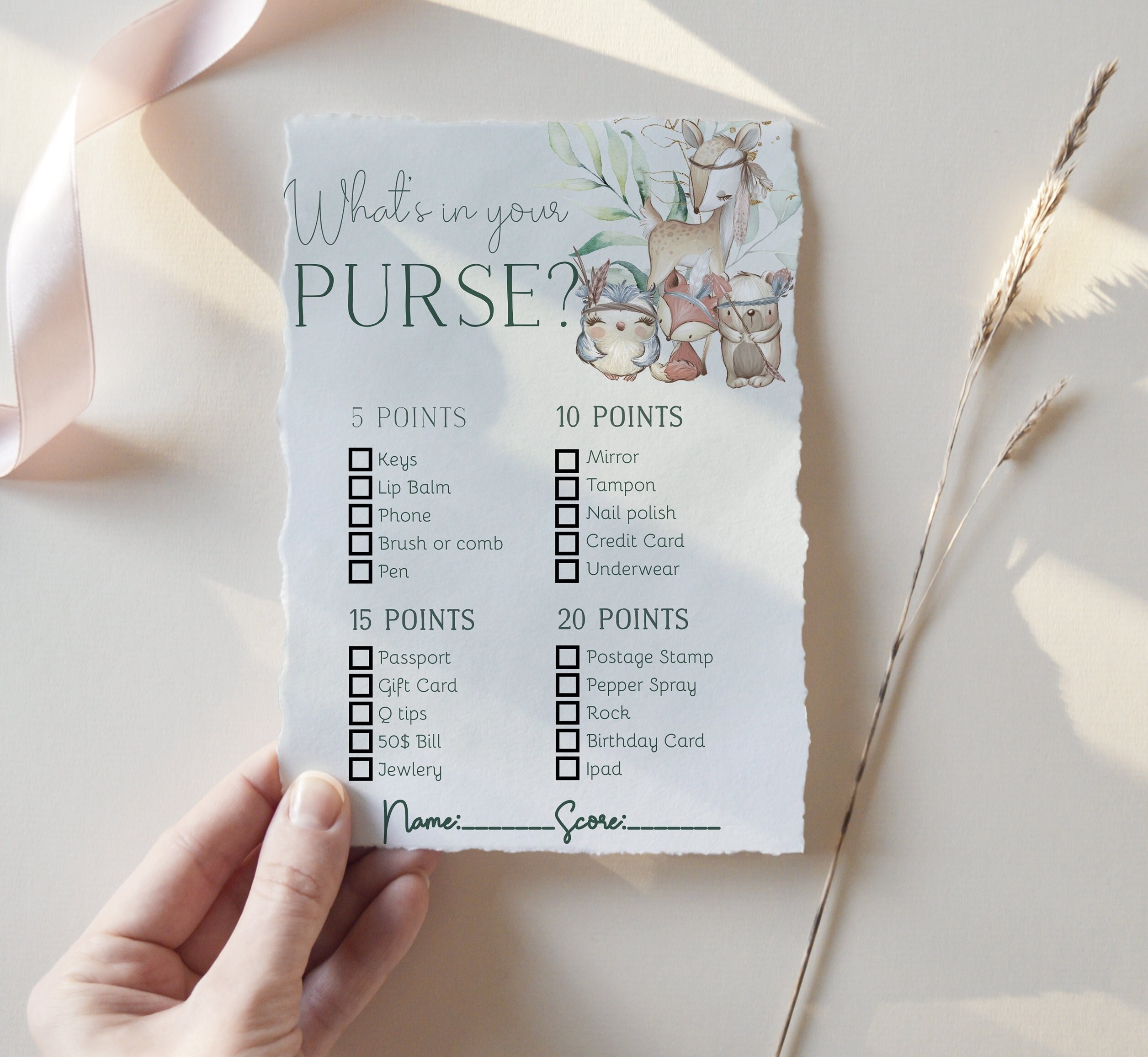 Woodland Floral Baby Shower Game What's in Your Purse - Etsy