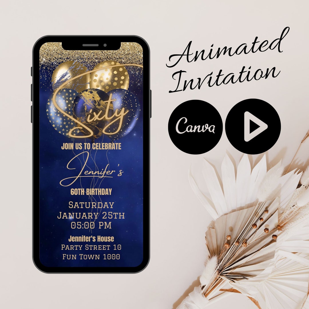 Animated 60th Birthday Party Invitation | Modern Navy and Gold Balloon ...