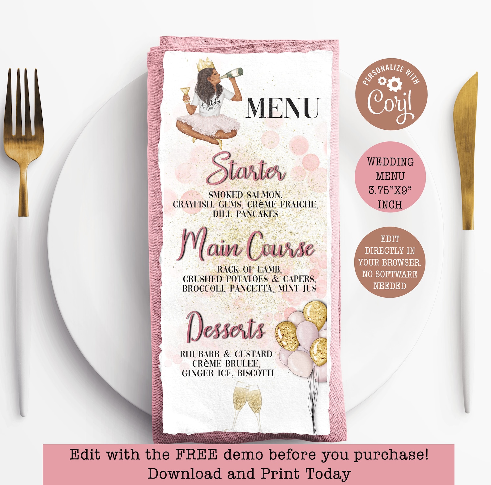 Girly Menu Template Printable Menu Card Fashion Girl Pink | Etsy