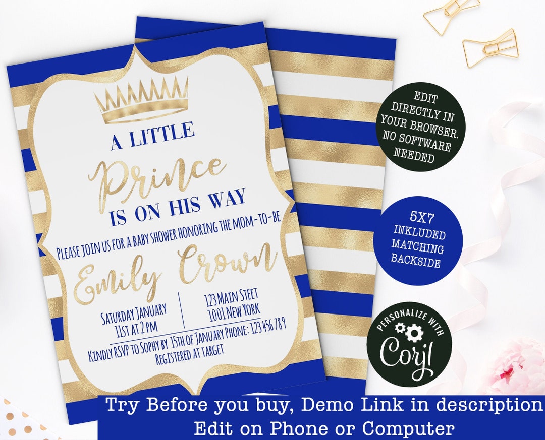 Invitación Royal Prince Baby Shower, Invitación editable Royal Blue ...