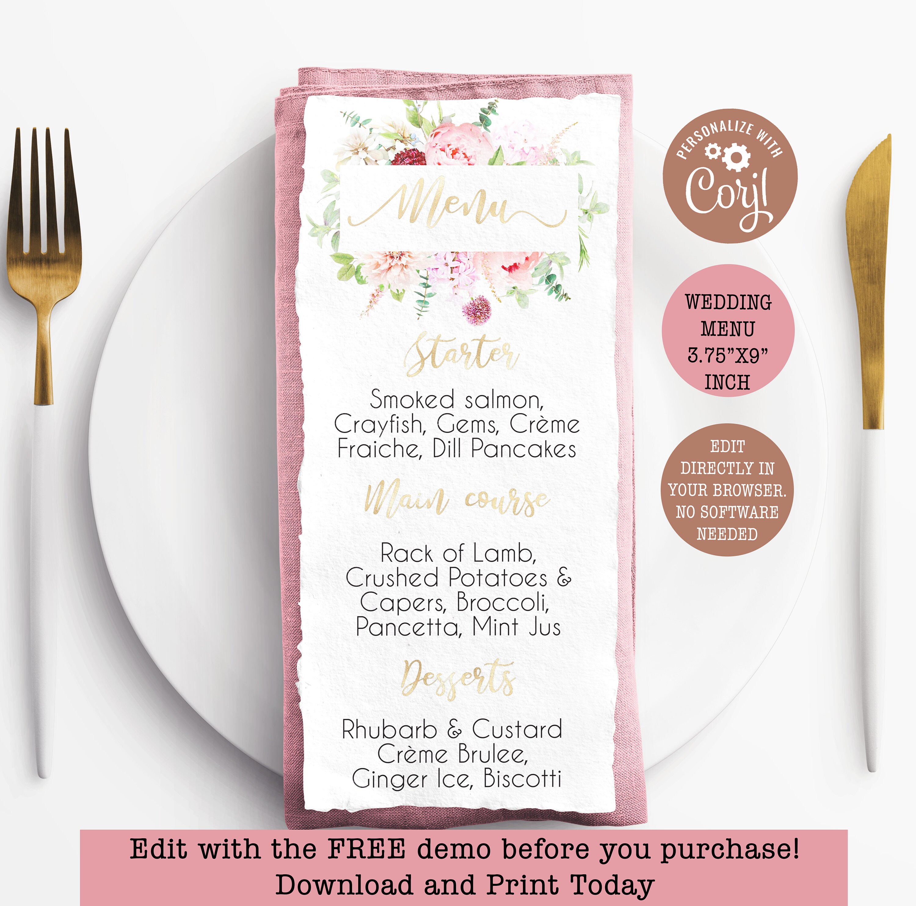 Plantilla de menú floral tarjetas de menú de flores rosas | Etsy