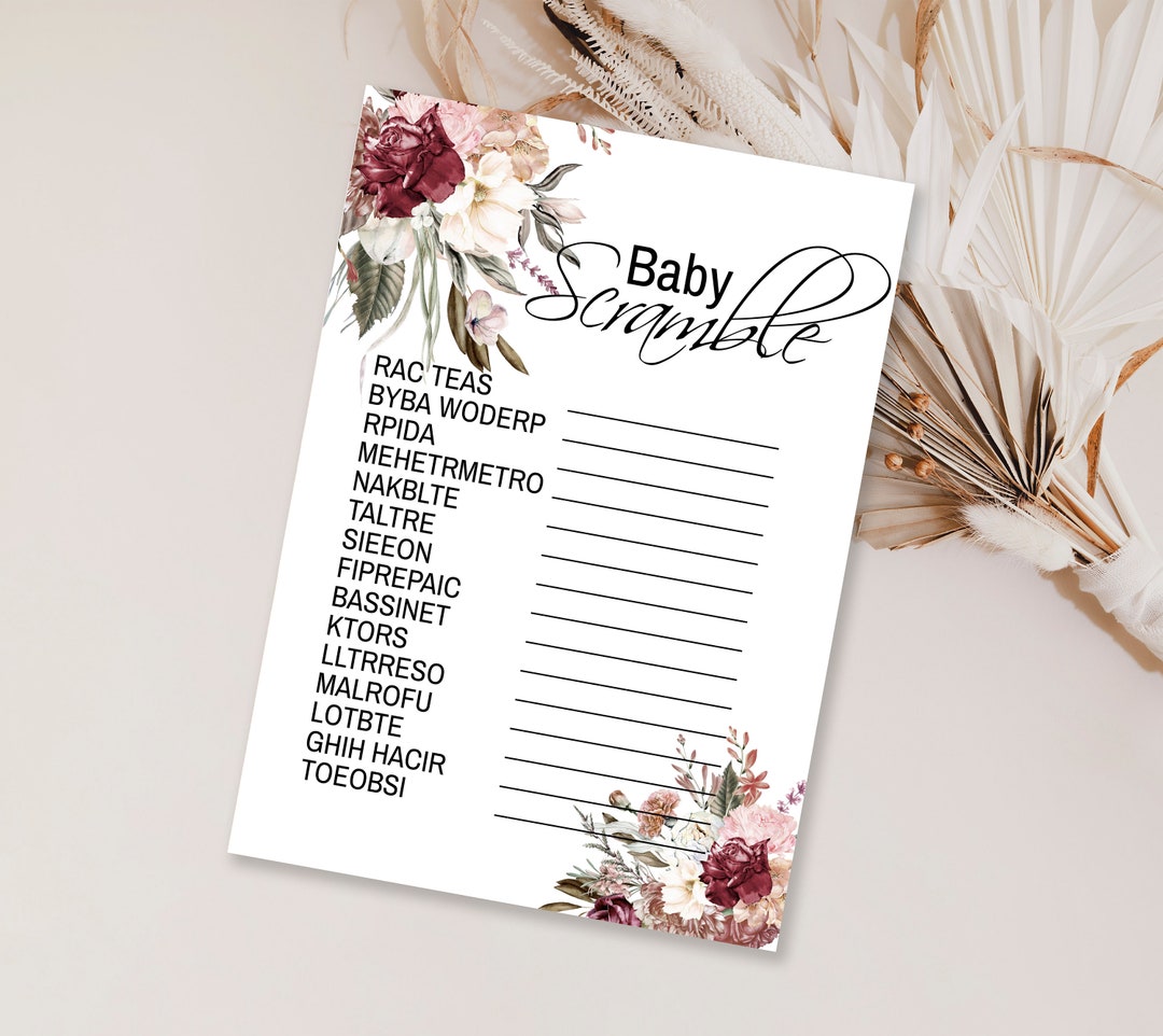 Boho Flower Baby Shower Game Word Scramble?, Red Floral Baby Shower ...