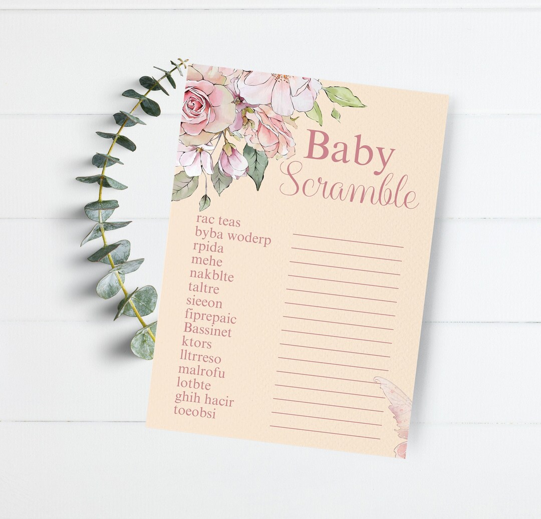 Blush Fairy Baby Shower Game Word Scramble, Pink Floral Baby Shower ...