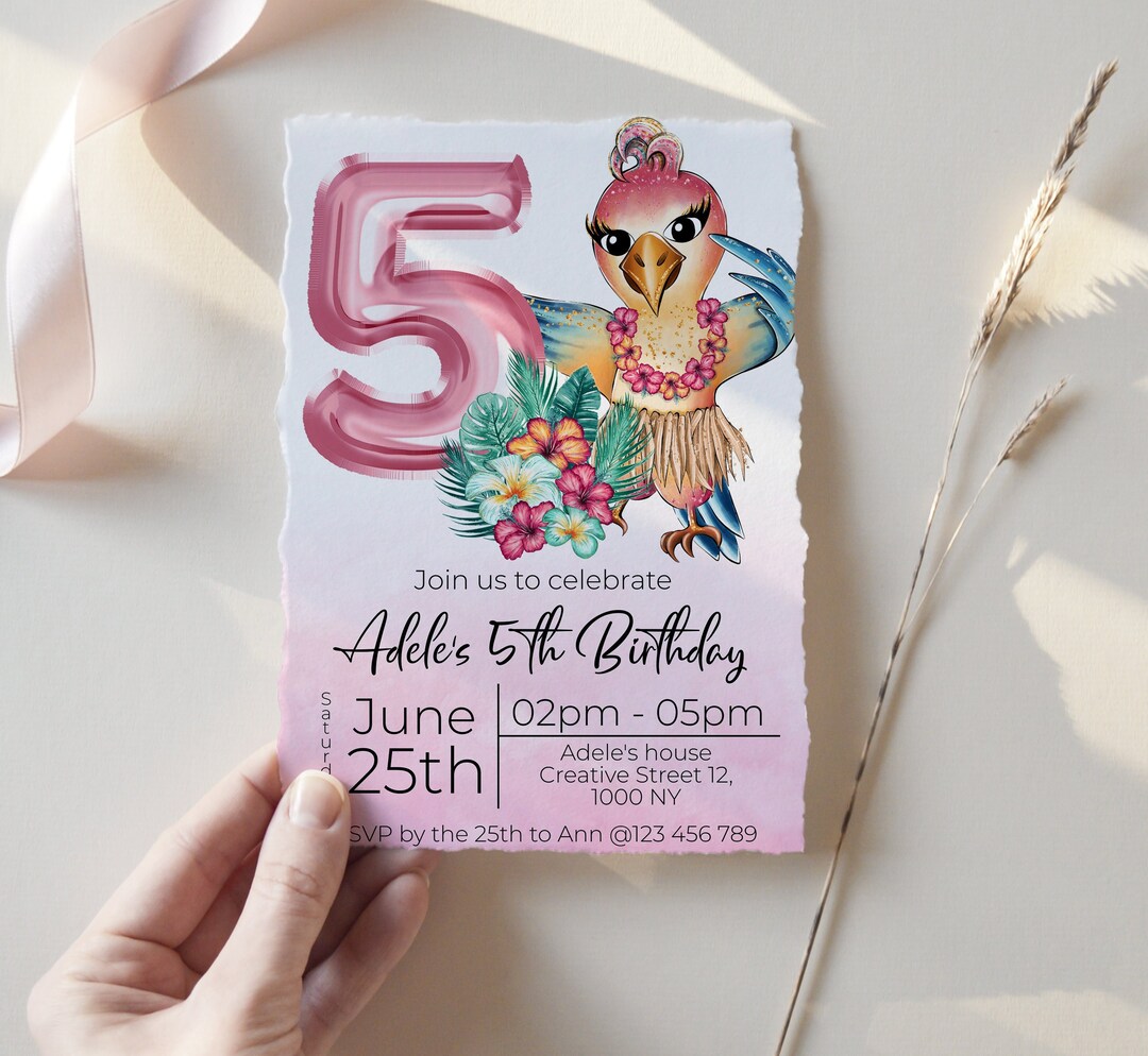Parrot Birthday Invitation, Editable 5th Birthday Party, Animals ...