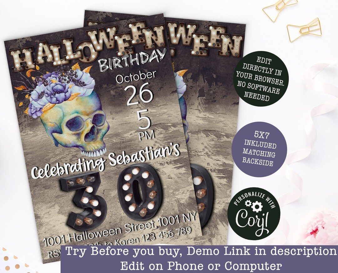 Invitación de cumpleaños de Halloween Scull, Invitación de hombre de ...