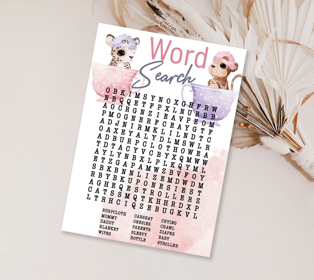 Safari Animals Baby Shower Game Word Search, Pink Kids Animals Floral ...