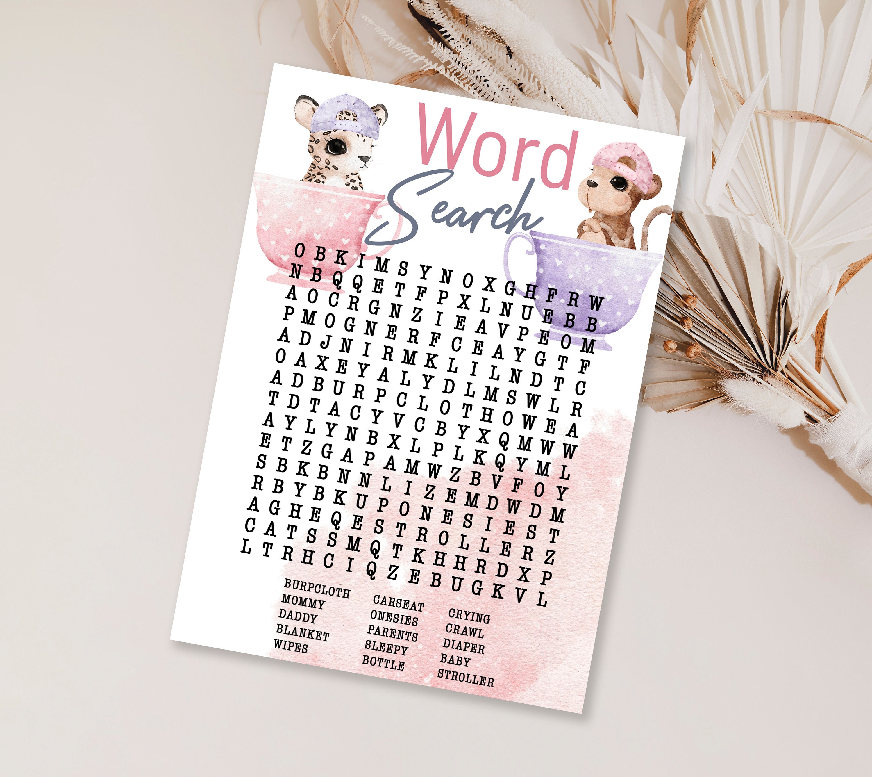 Safari Animals Baby Shower Game Word Search Pink Kids Animals - Etsy