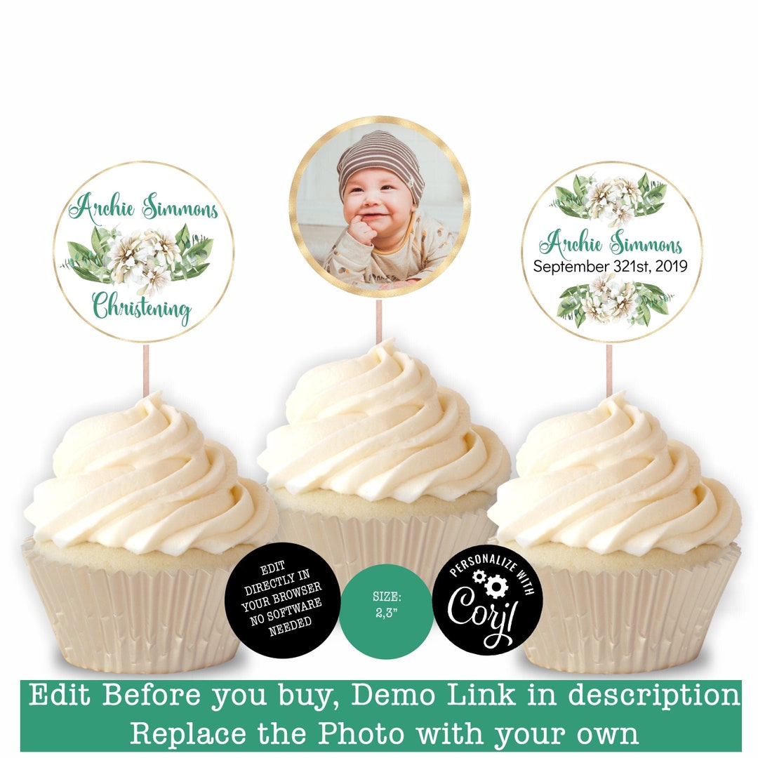 Editable Christening Cup Cake Topper, Green Baby Boy Cup Cake Toper ...